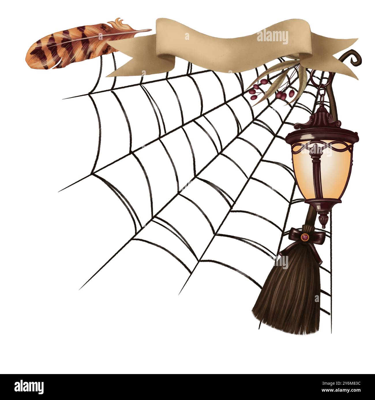 Corner Halloween Composition With Broom And Lantern Hand Drawn Cute