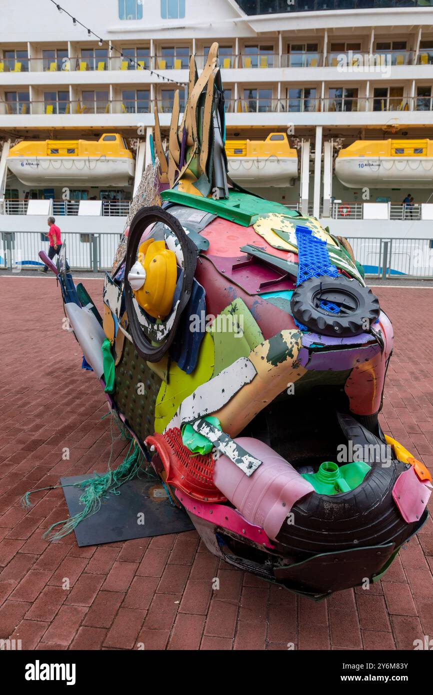 Portugal, Madeira Island, Funchal. fish sculpture made from detritus ...