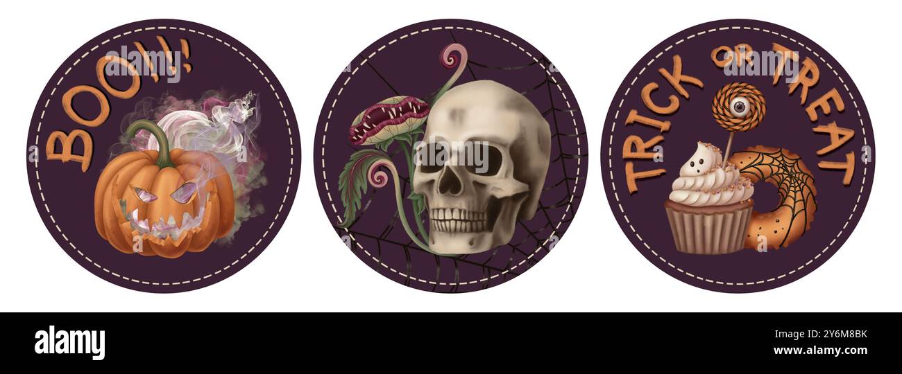 Set of round Halloween gift tag with seasonal characters in cartoon ...
