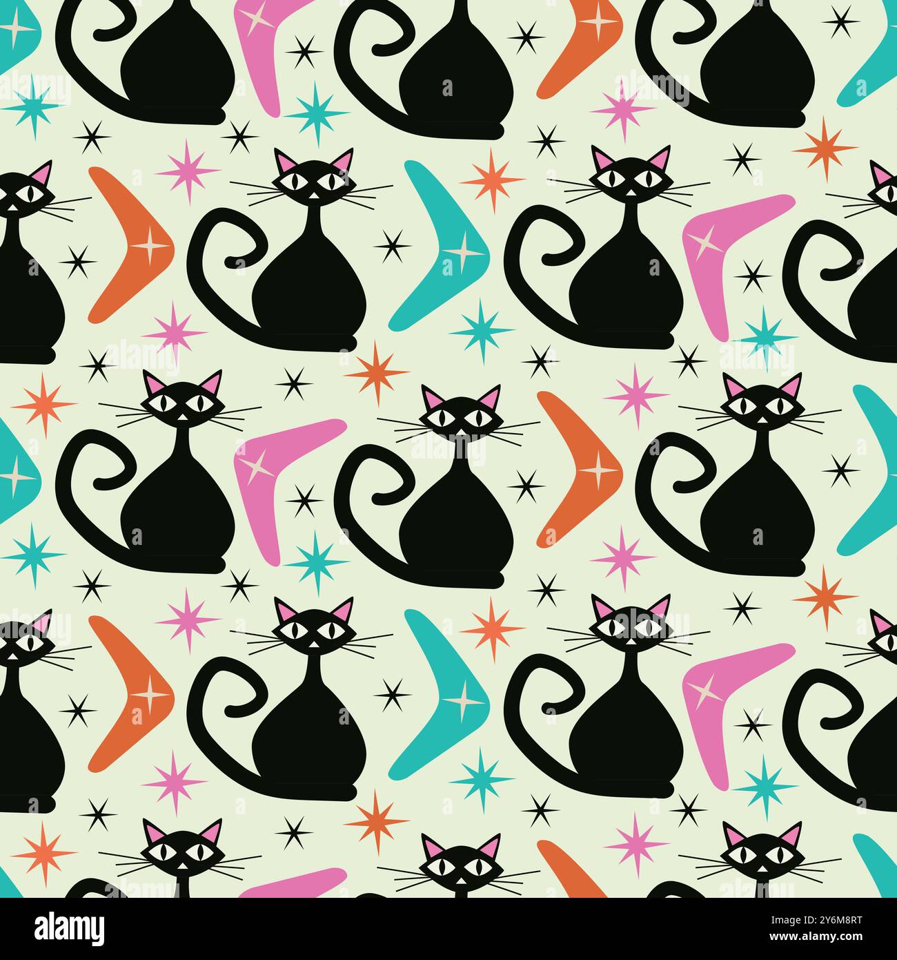 Mid Century Modern Black Atomic Cats seamless pattern with pink, orange ...