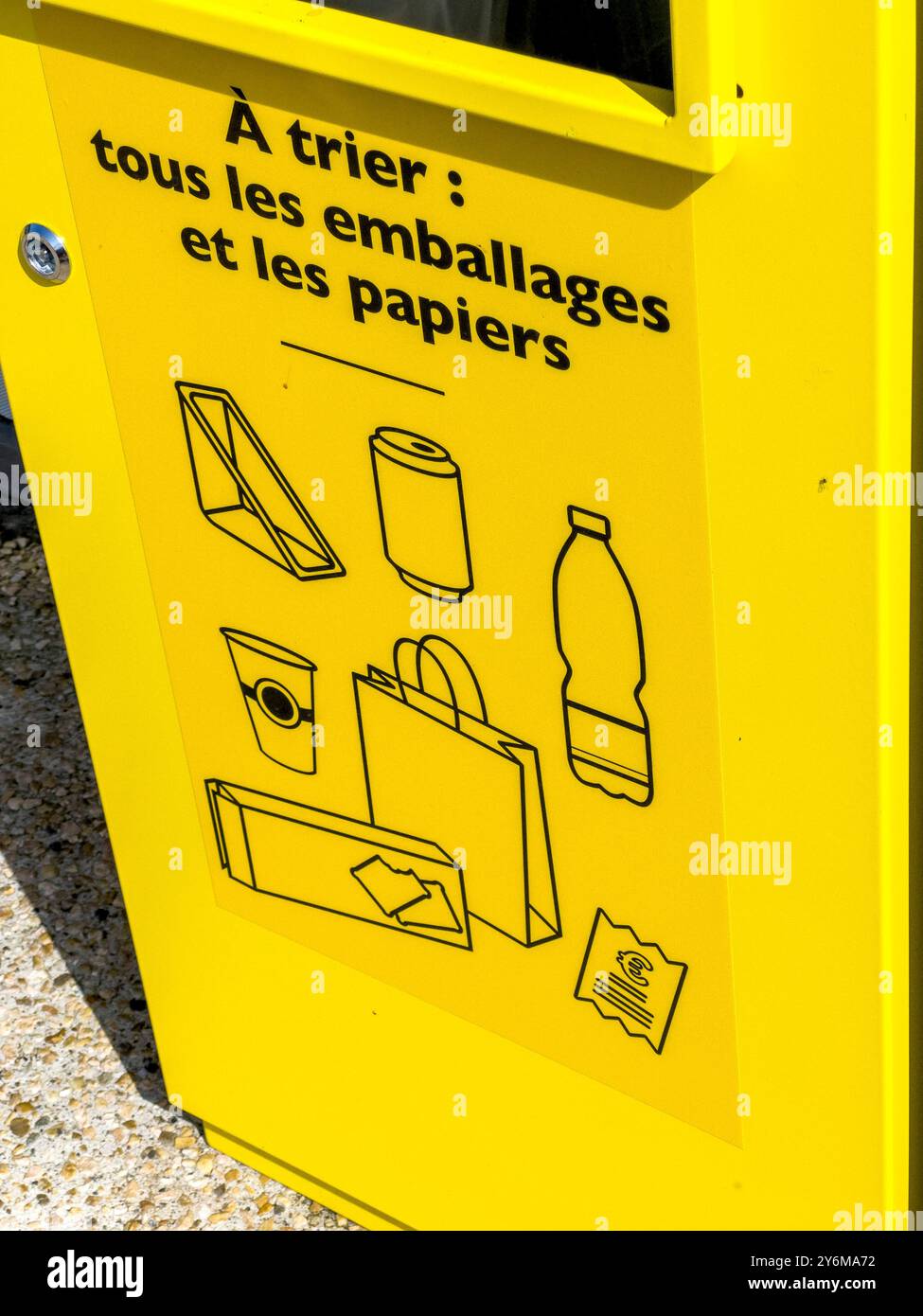 Selective sorting. Pictograms on the yellow trash bin Stock Photo - Alamy