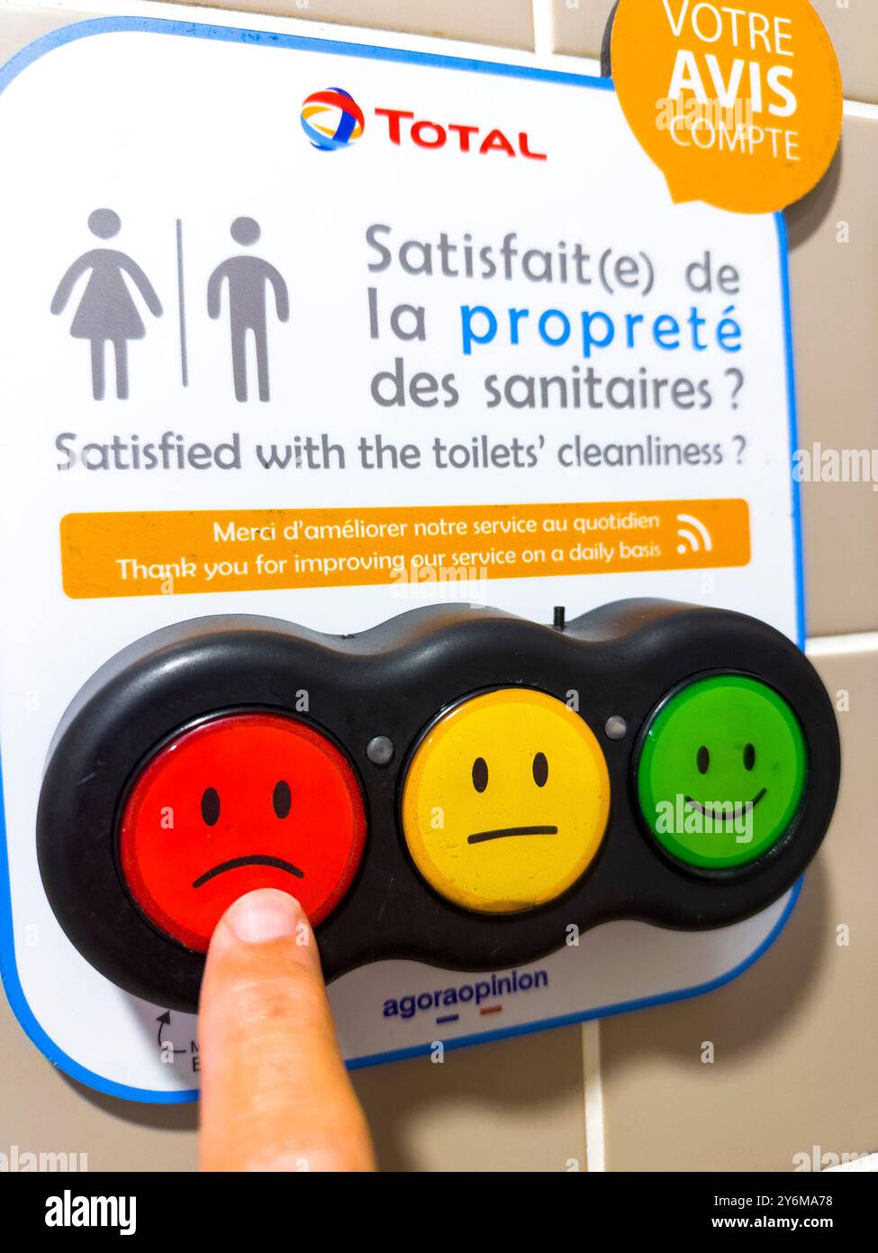 Satisfaction survey. Smiley buttons with color code Stock Photo - Alamy