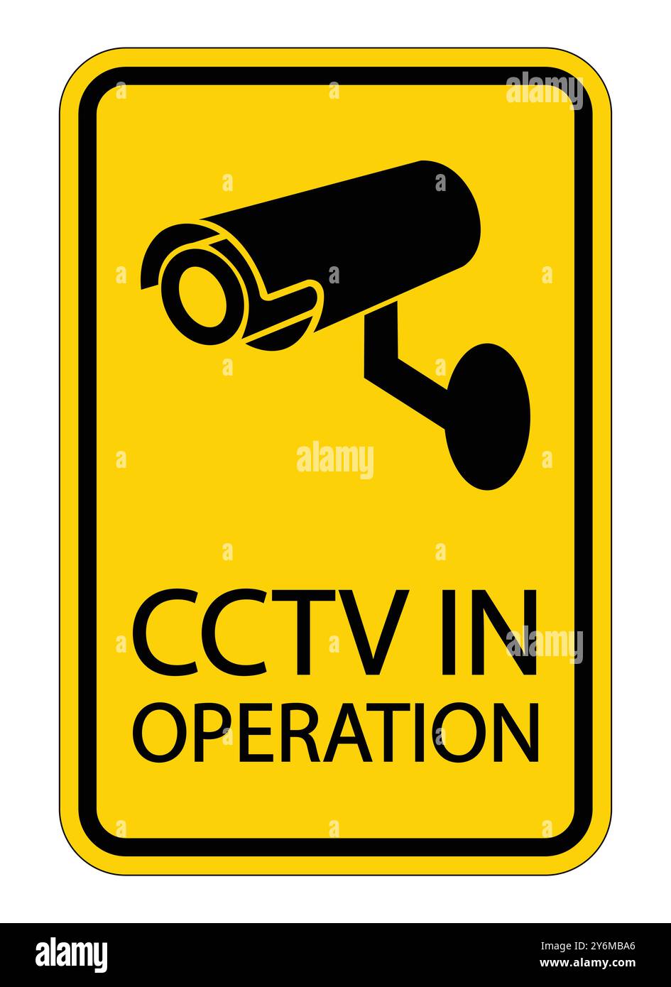 A bright yellow warning sign featuring a CCTV camera icon with the text ...