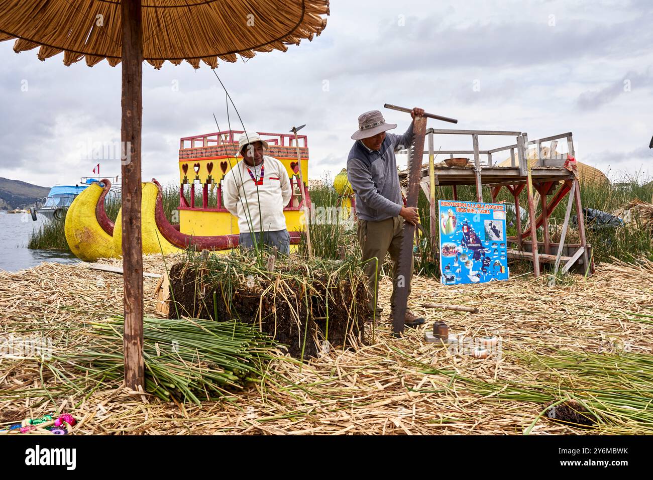 Two local men on a floating Uros reed island on Lake Titicaca ...
