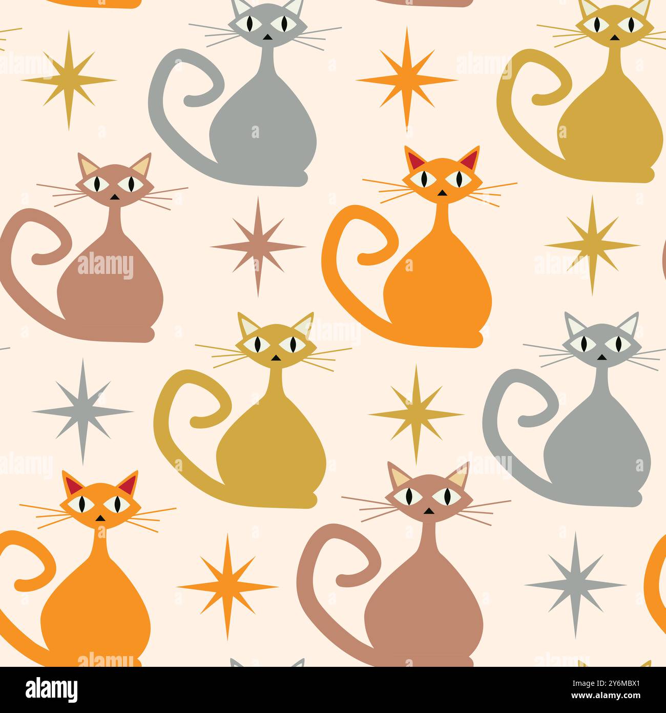 Mid Century Colorful Atomic Cats in gray, orange, mustard and brown ...