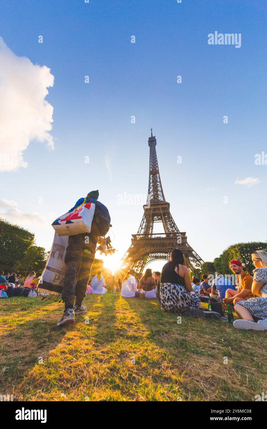France, Paris, street vendors of miniature Eiffel Towers, in front of ...