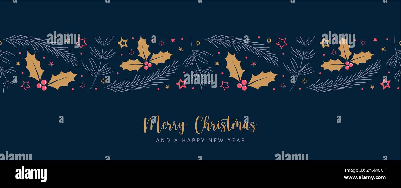 christmas greeting card banner with fir branches and holly berry border ...