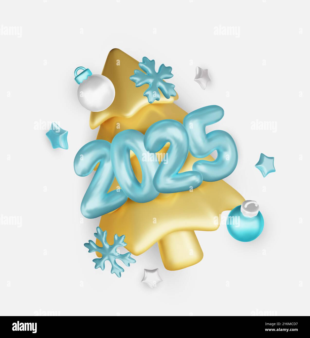2025 Happy New Year. Realistic xmas tree and metal number. 3d render ...