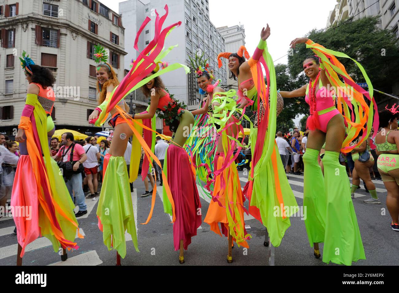 Sao Paulo, SP, Brazil - February 22, 2021: Women dance on top of stilts ...