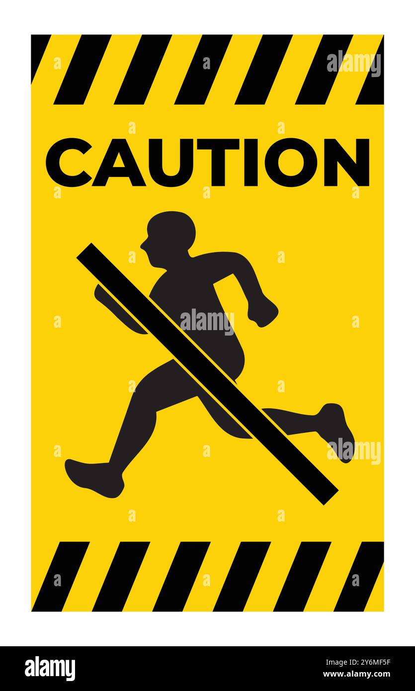 A vibrant caution sign featuring a running figure, designed to alert ...