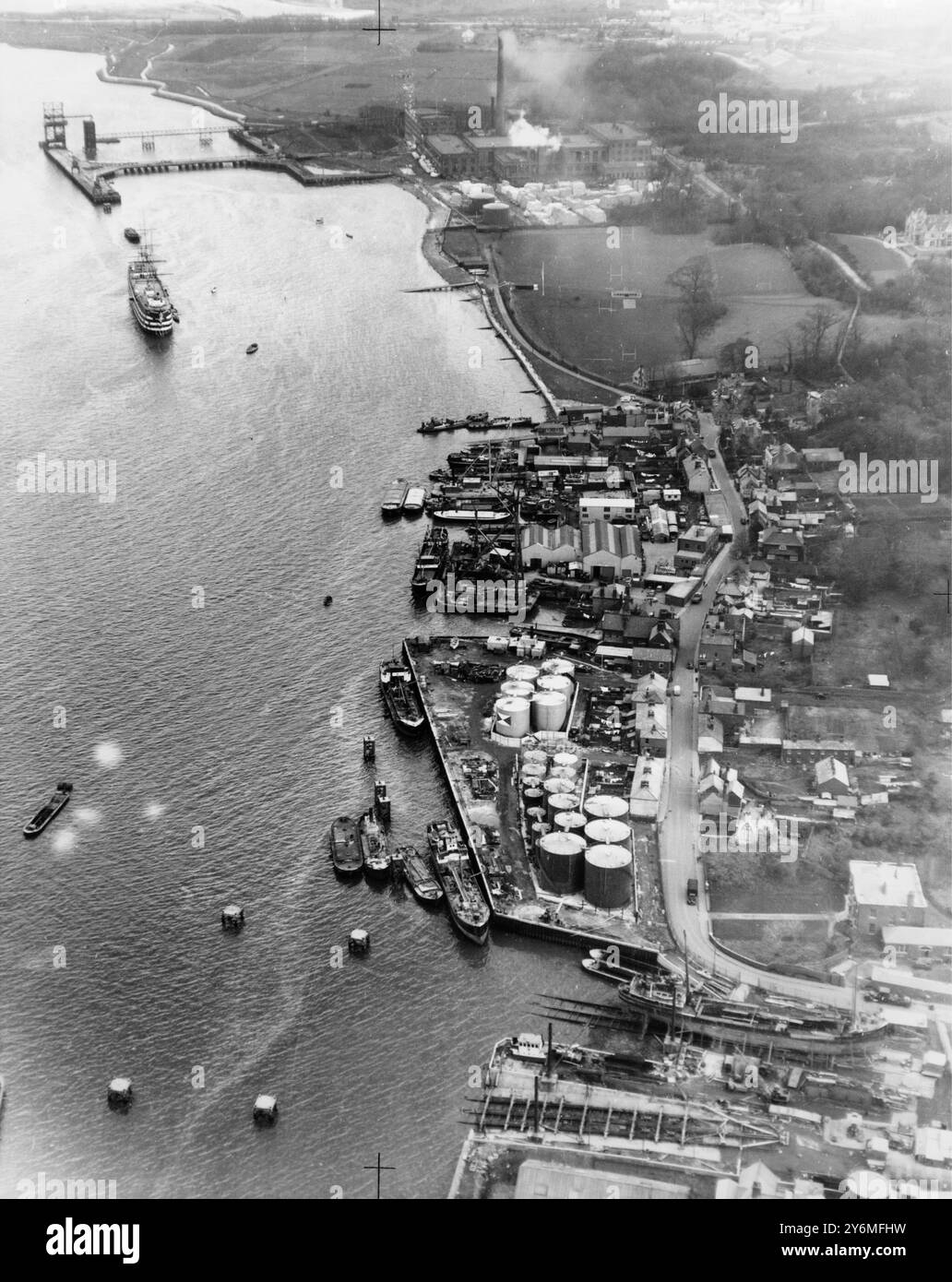 Aerial view of Greenhithe, Kent overlooking Everards shipyard, HMS ...