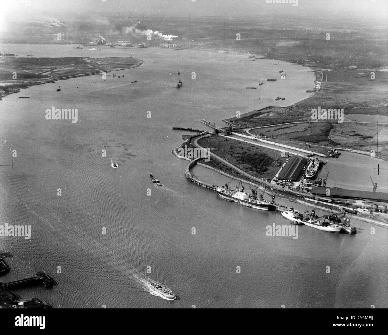 Aerial view of the River Thames around Tilbury docks, Essex Stock Photo ...