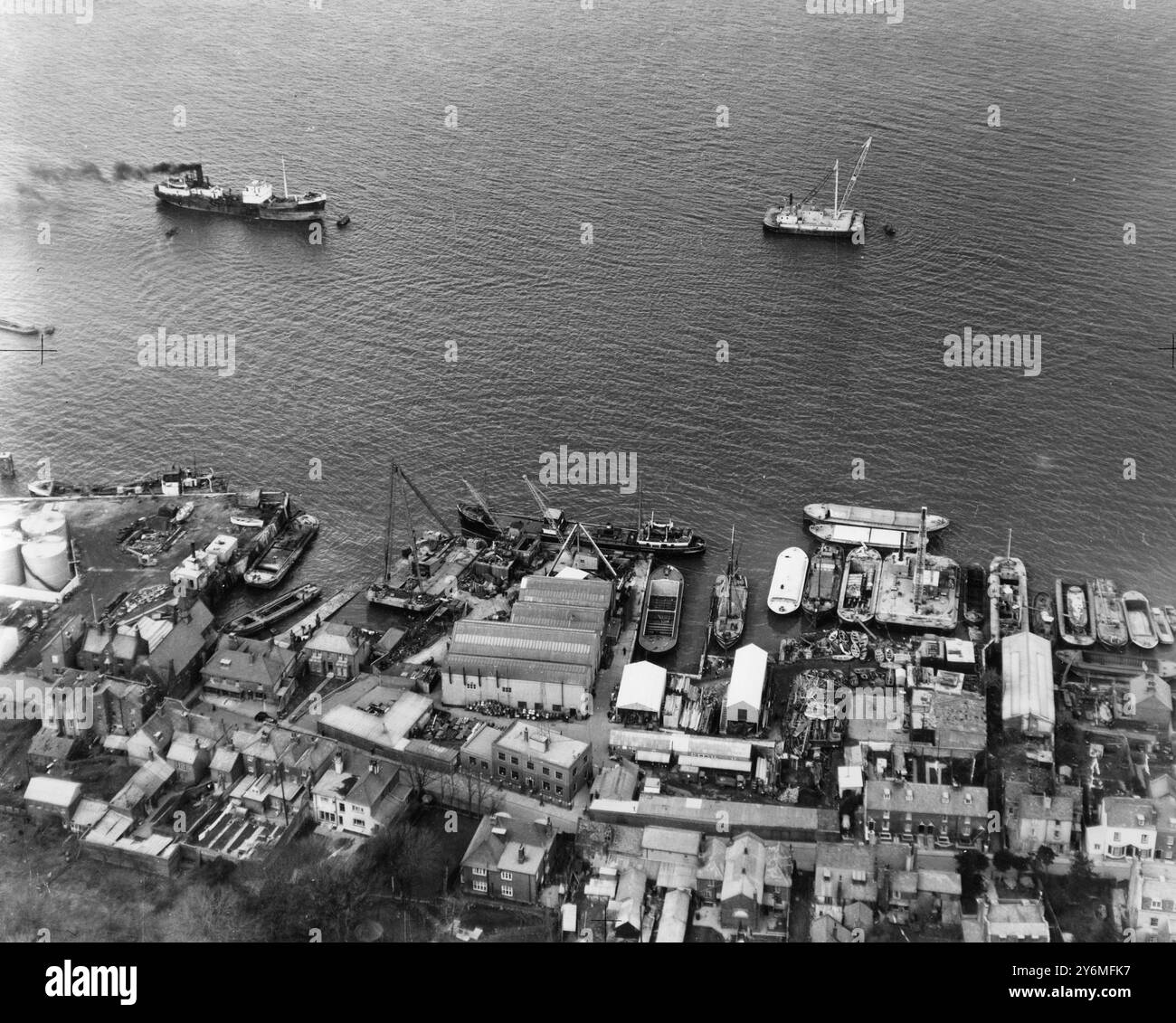 Aerial view of Greenhithe, Kent overlooking Everards shipyard, on the ...