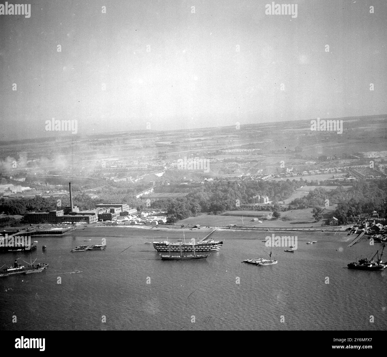 Aerial view of Greenhithe, Kent overlooking Everards shipyard, HMS ...