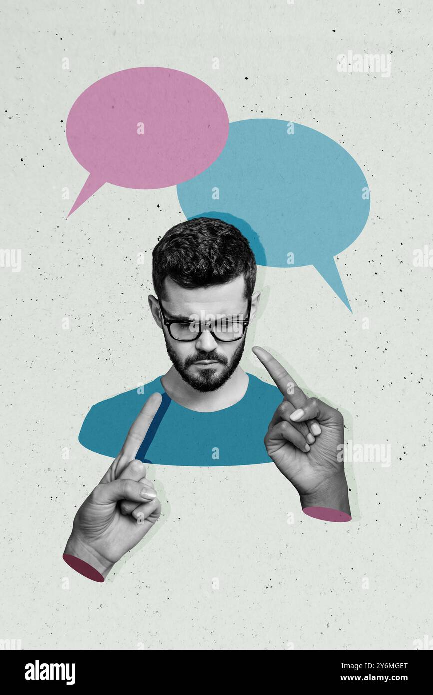 Vertical photo collage of upset man hand point blame abuse concept ...