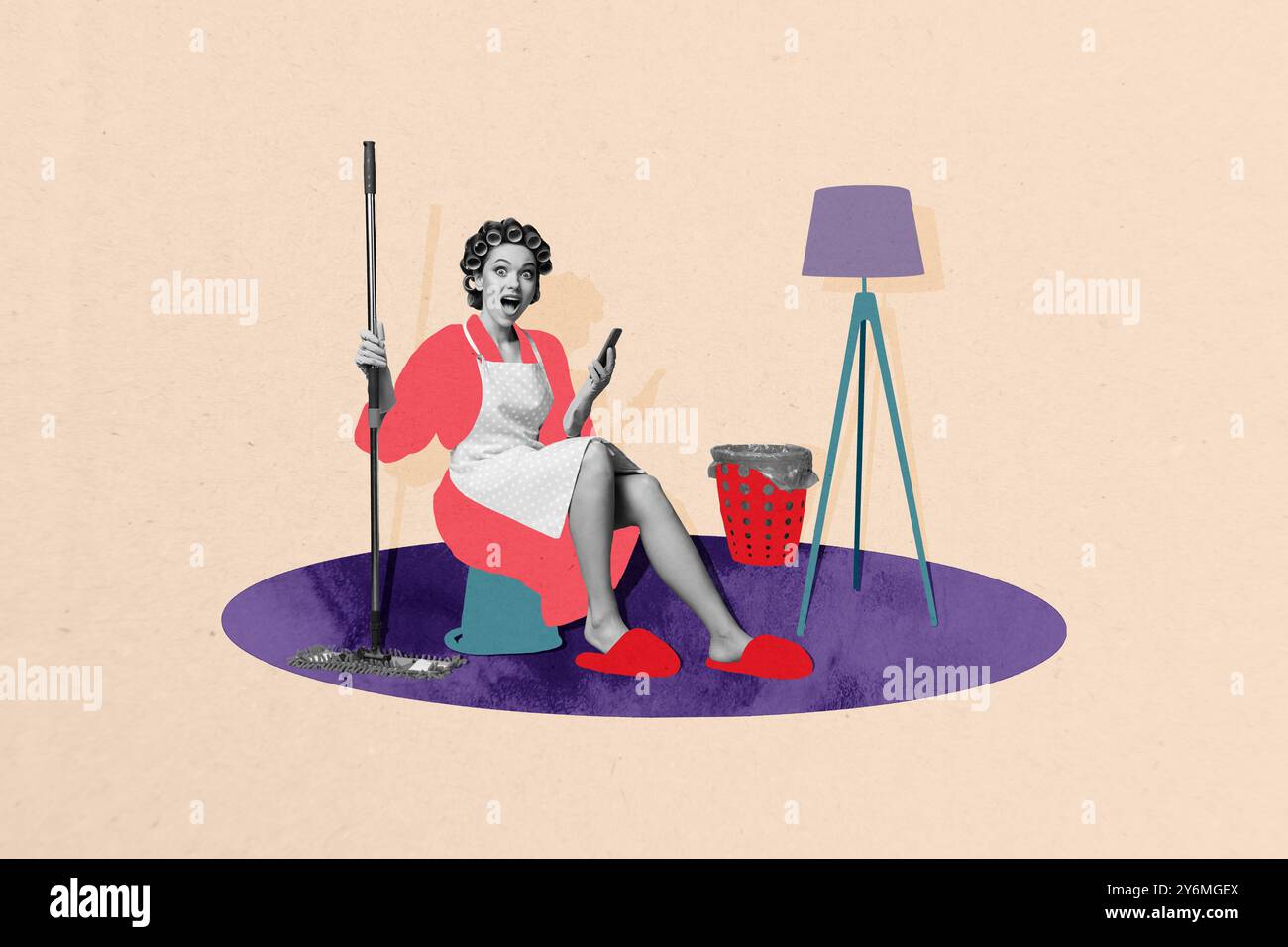 Composite photo collage of astonished housewife sit bucket hold mop ...