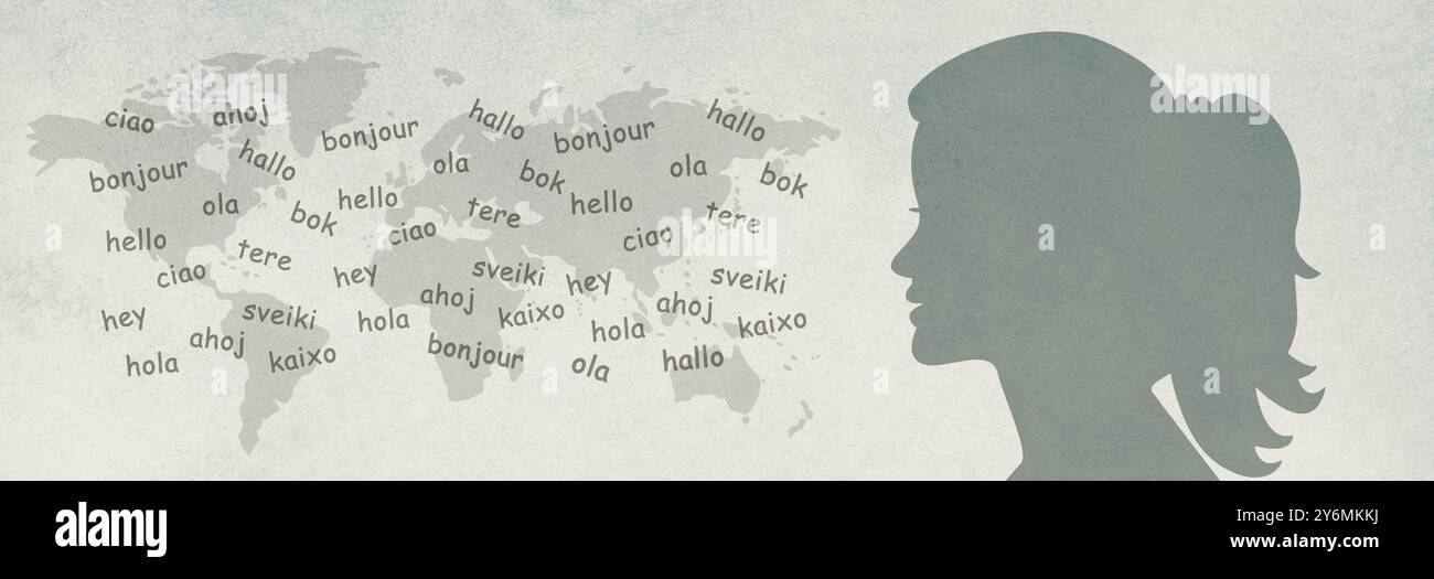 Languages and world map, word hello in different mother language spoken ...