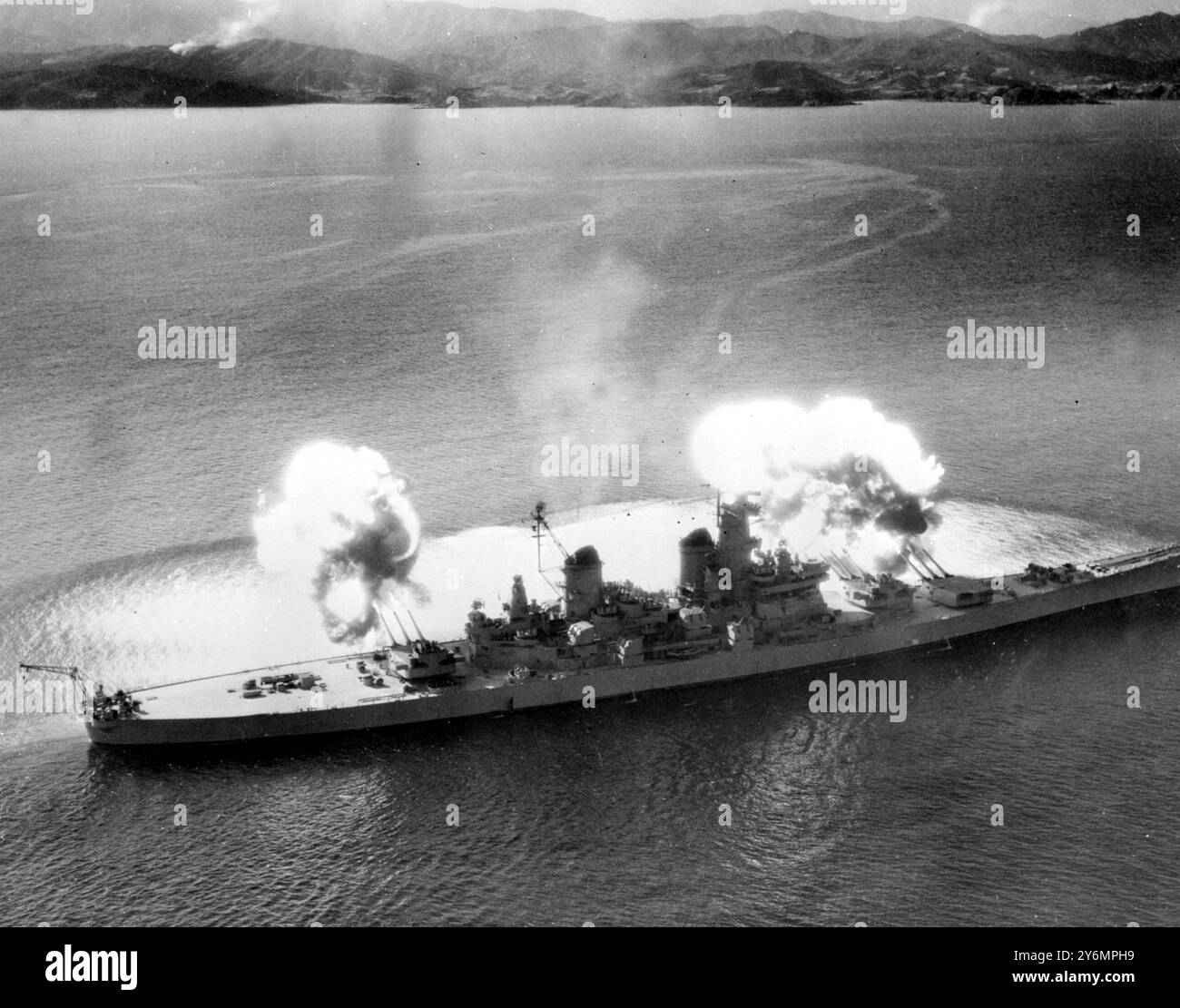 Unusual photograph from the air showing the mighty battleship U.S.S ...