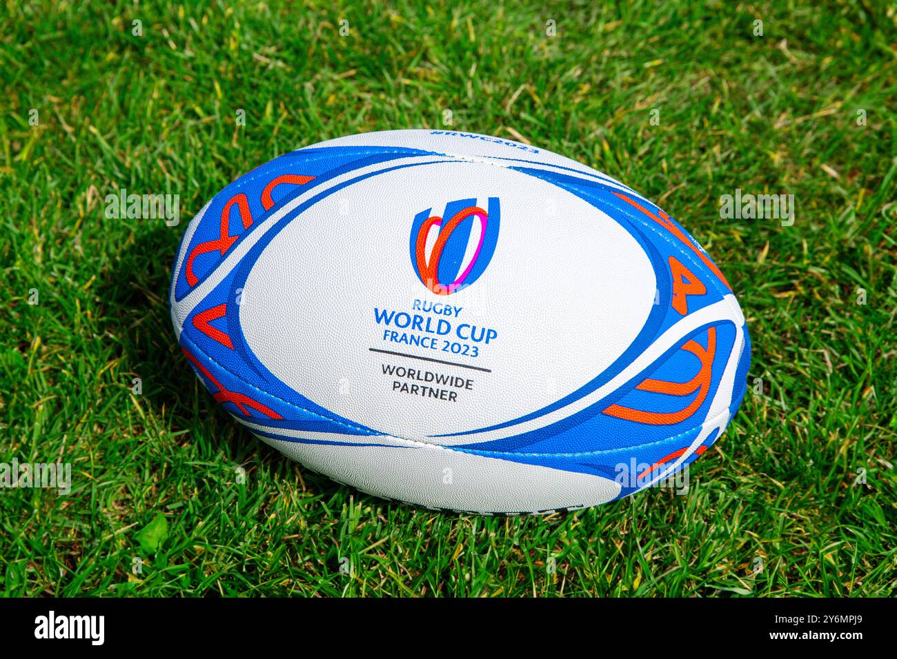 The official ball of the 2023 Rugby World Cup in France, placed on a ...