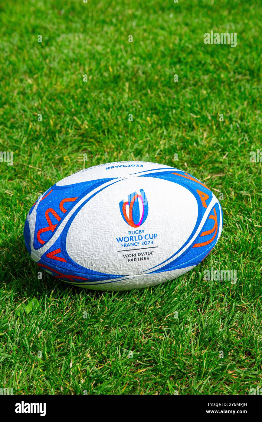 The official ball of the 2023 Rugby World Cup in France, placed on a ...