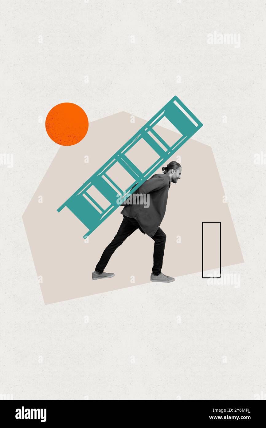 Vertical image collage young man carry ladder persistence determination ...