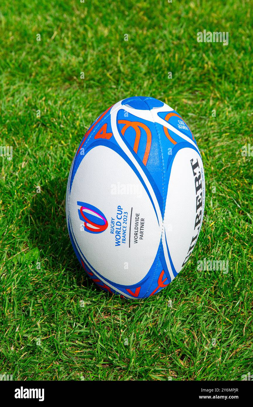 The official ball of the 2023 Rugby World Cup in France, placed on a ...