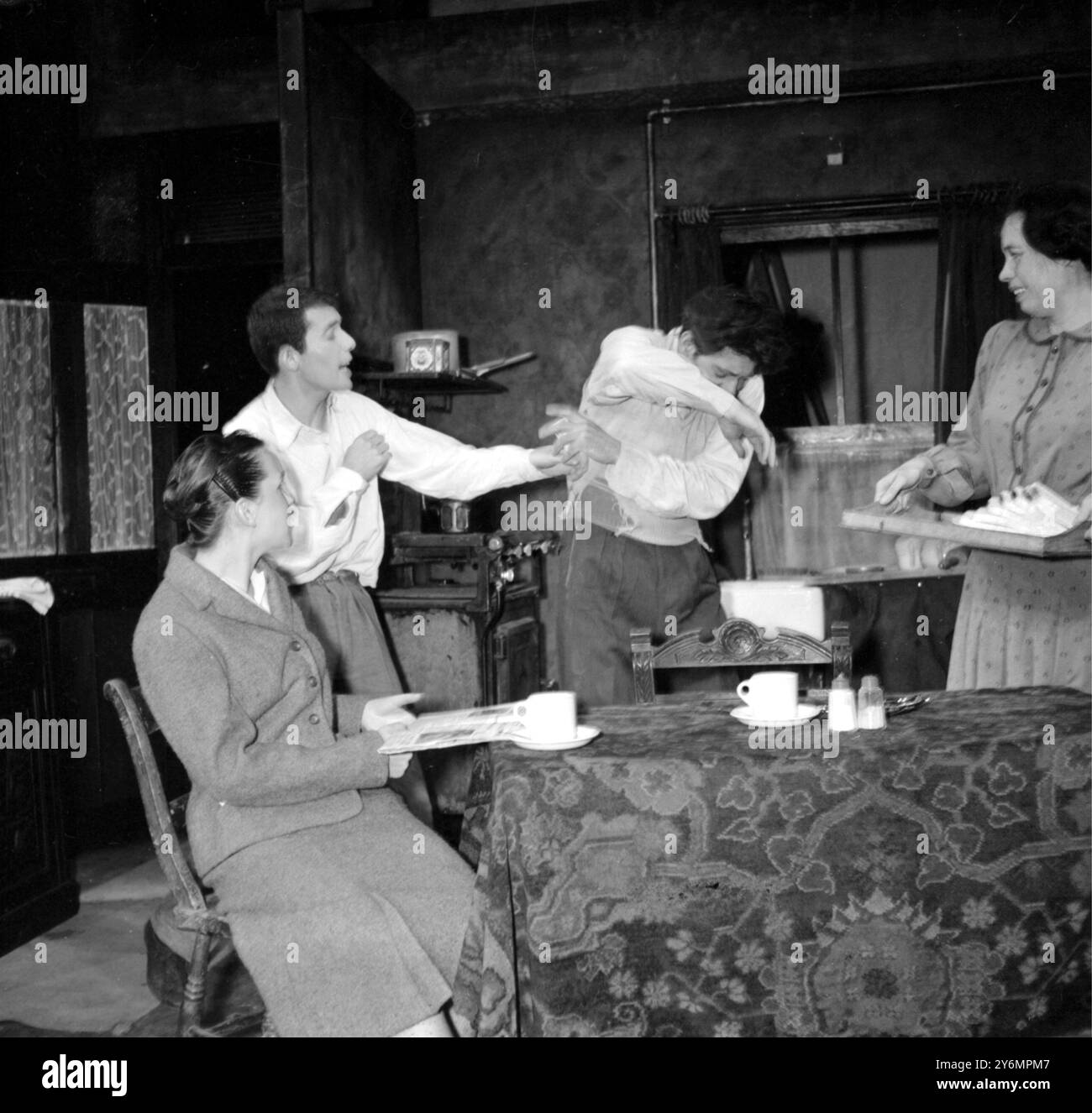 London : a family fight scene during rehearsals at the royal court ...