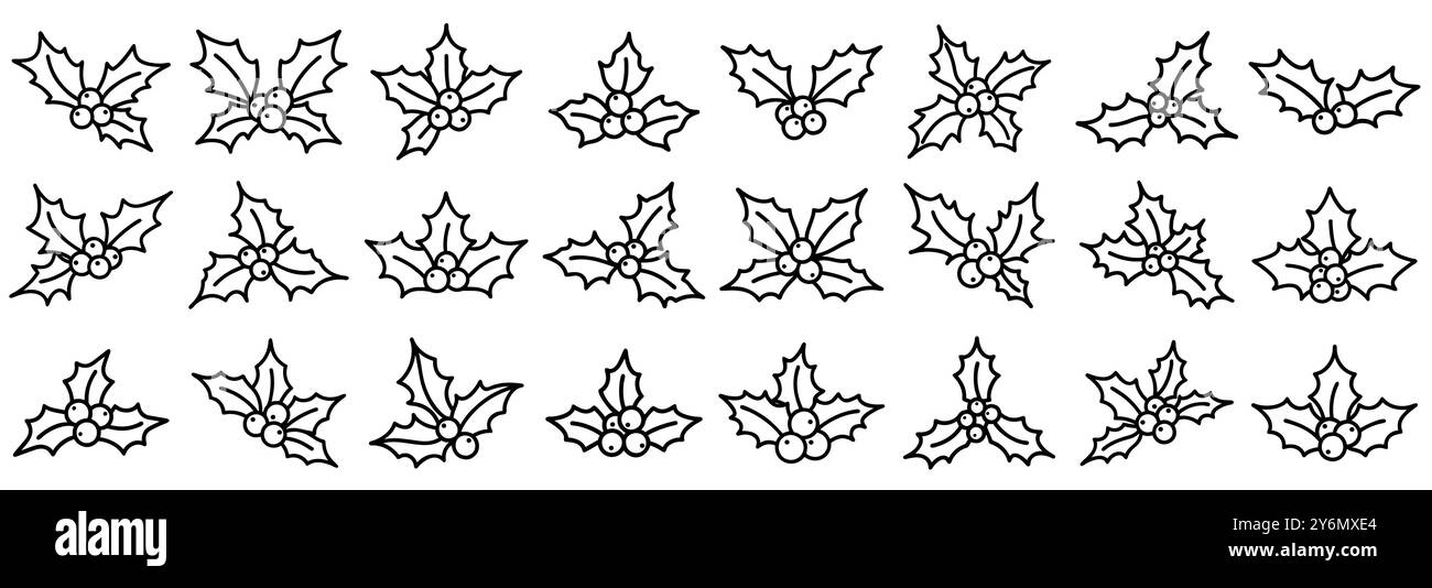 Christmas mistletoe outline icons set. Hand drawn holly leaves and ...