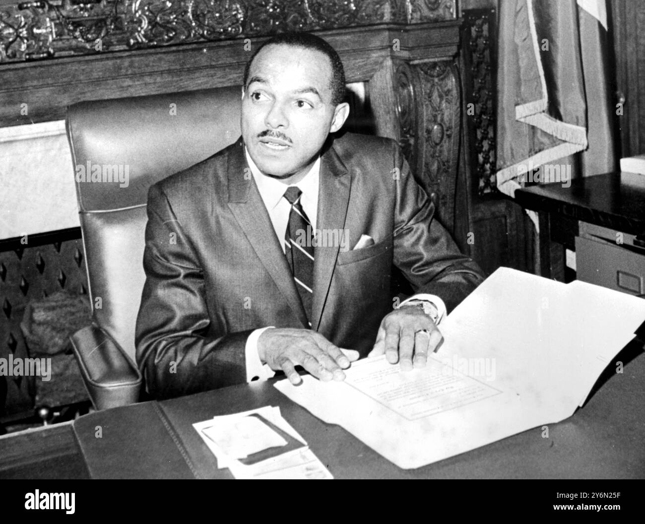 Cleveland, Ohio: Carl B. Stokes is behind his desk at City Hall after ...