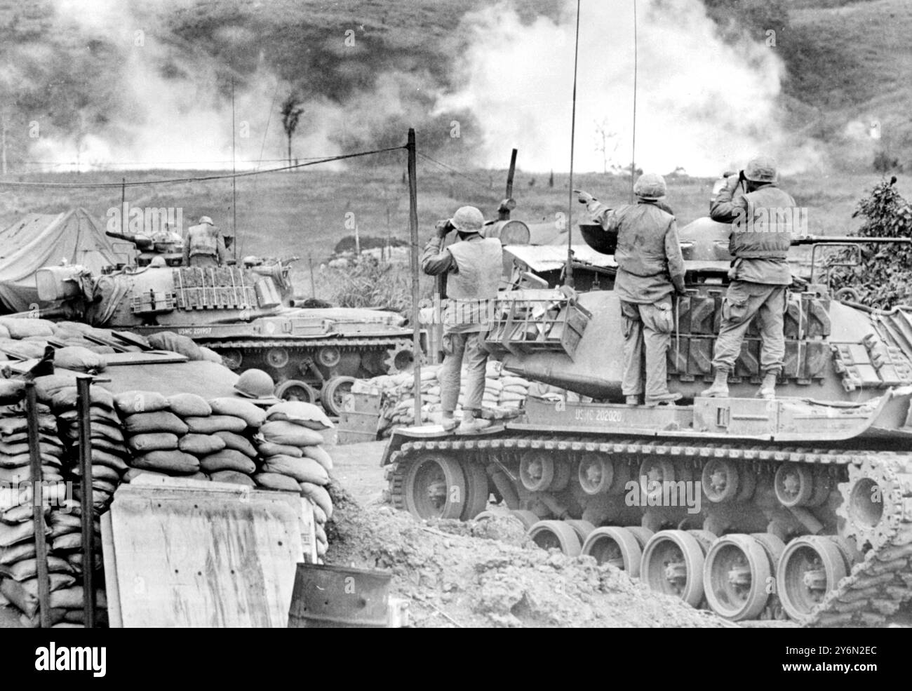 Khe Sanh, South Vietnam: U.S. Marine tank crews watch the results of ...