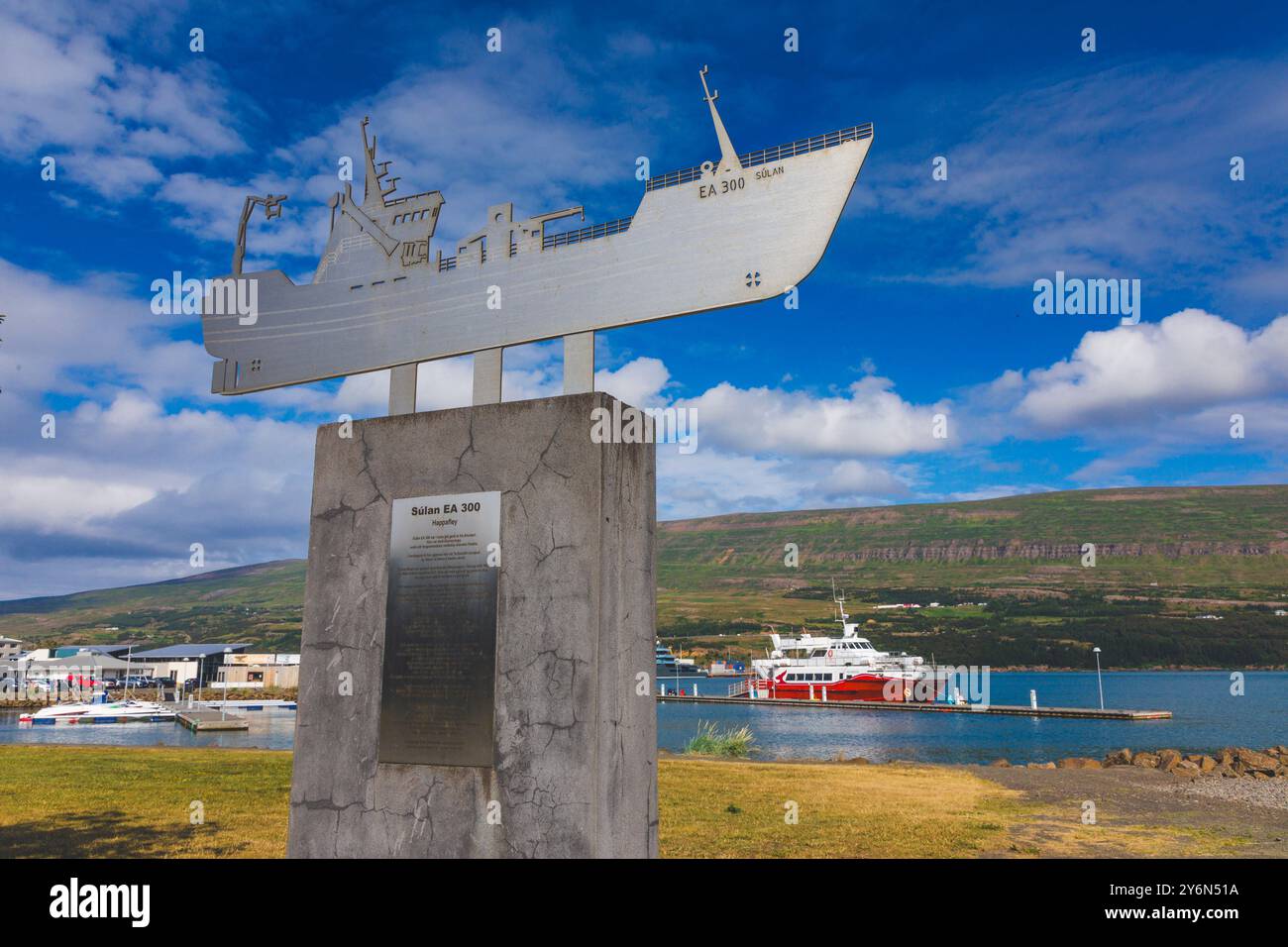 Iceland, northern region, Akureyri, sculpture of a boat in front of the ...