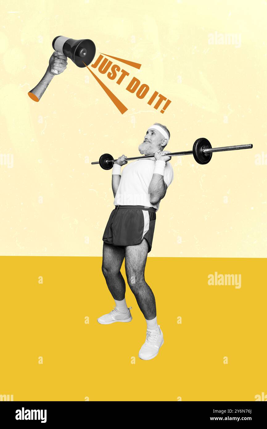 Vertical photo collage of old sportsman bodybuilder pump muscles hand ...