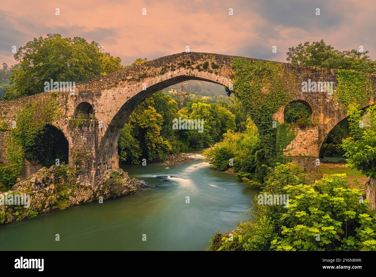 The Roman bridge in Cangas de Onis, located in the Spanish province of ...