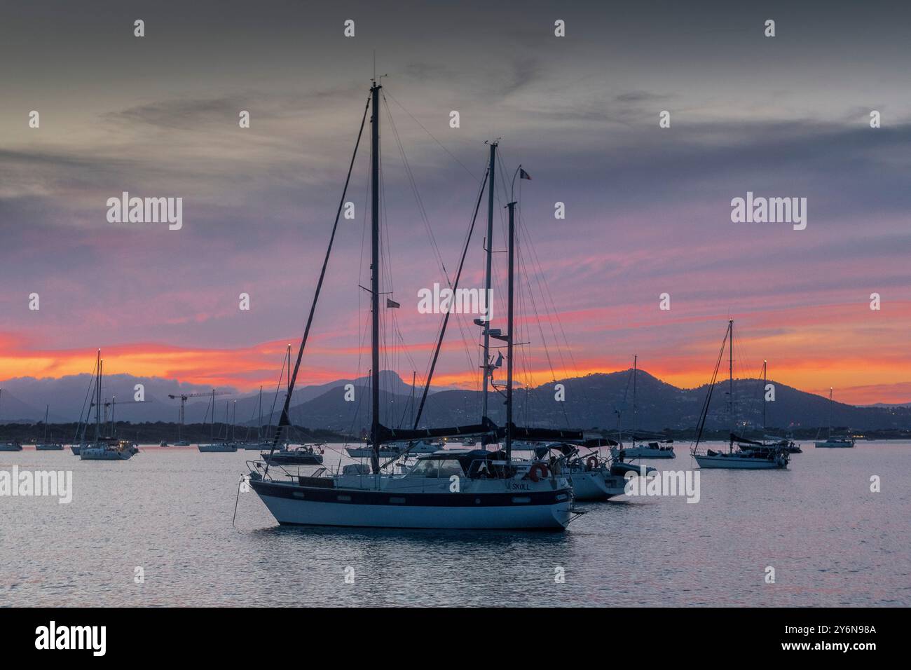 France. Var. Hyeres. East coast of the Giens peninsula. Boats at anchor ...