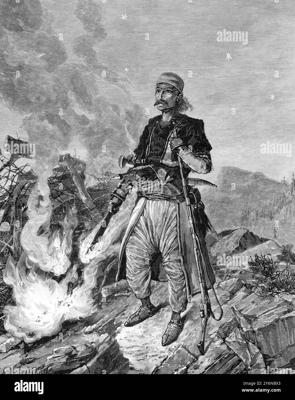 The Greco - Turkish War. An Albanian soldier lighting a singnal-fire. 1 ...