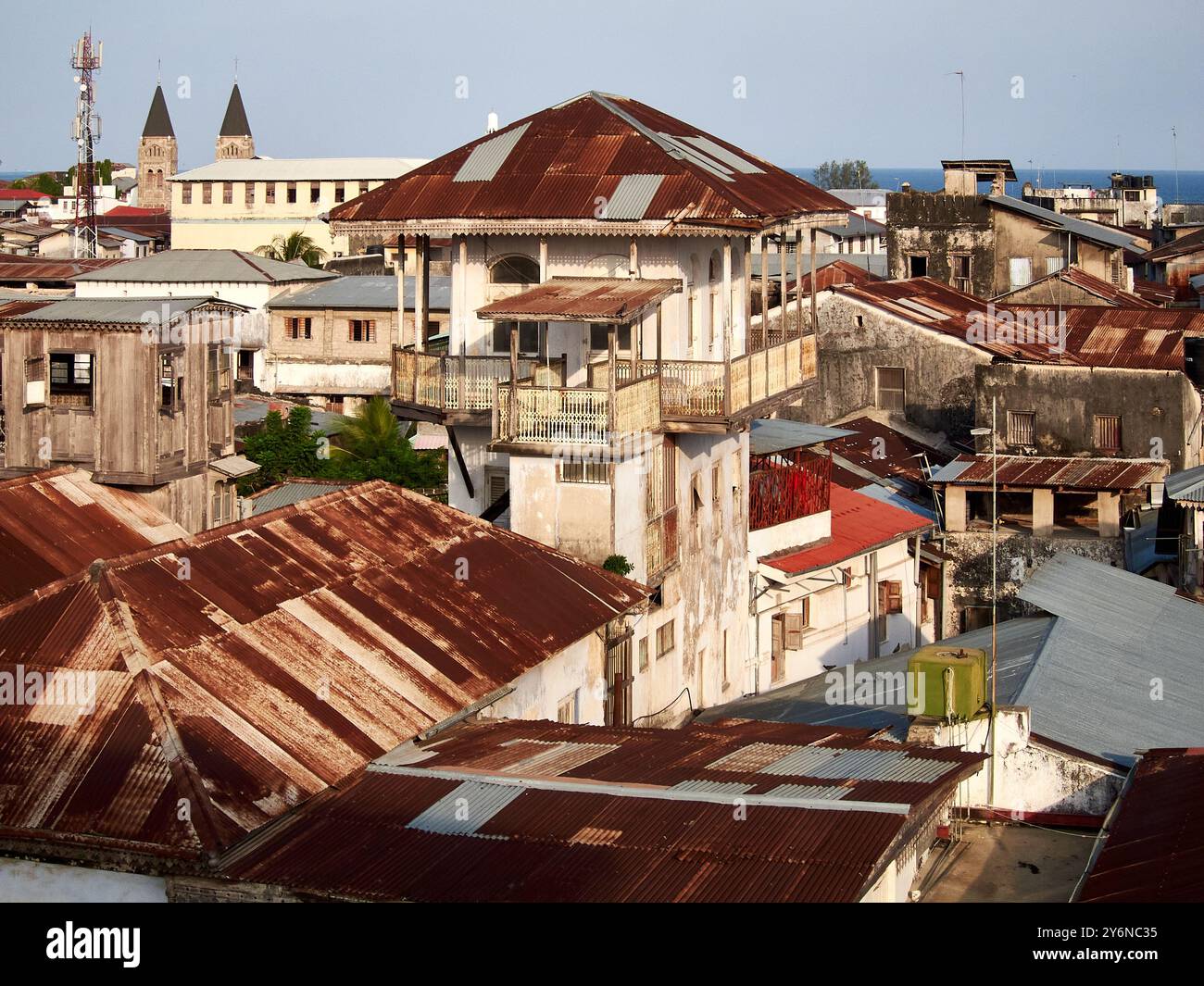An aerial view of the rustic rooftops and historic architecture in ...