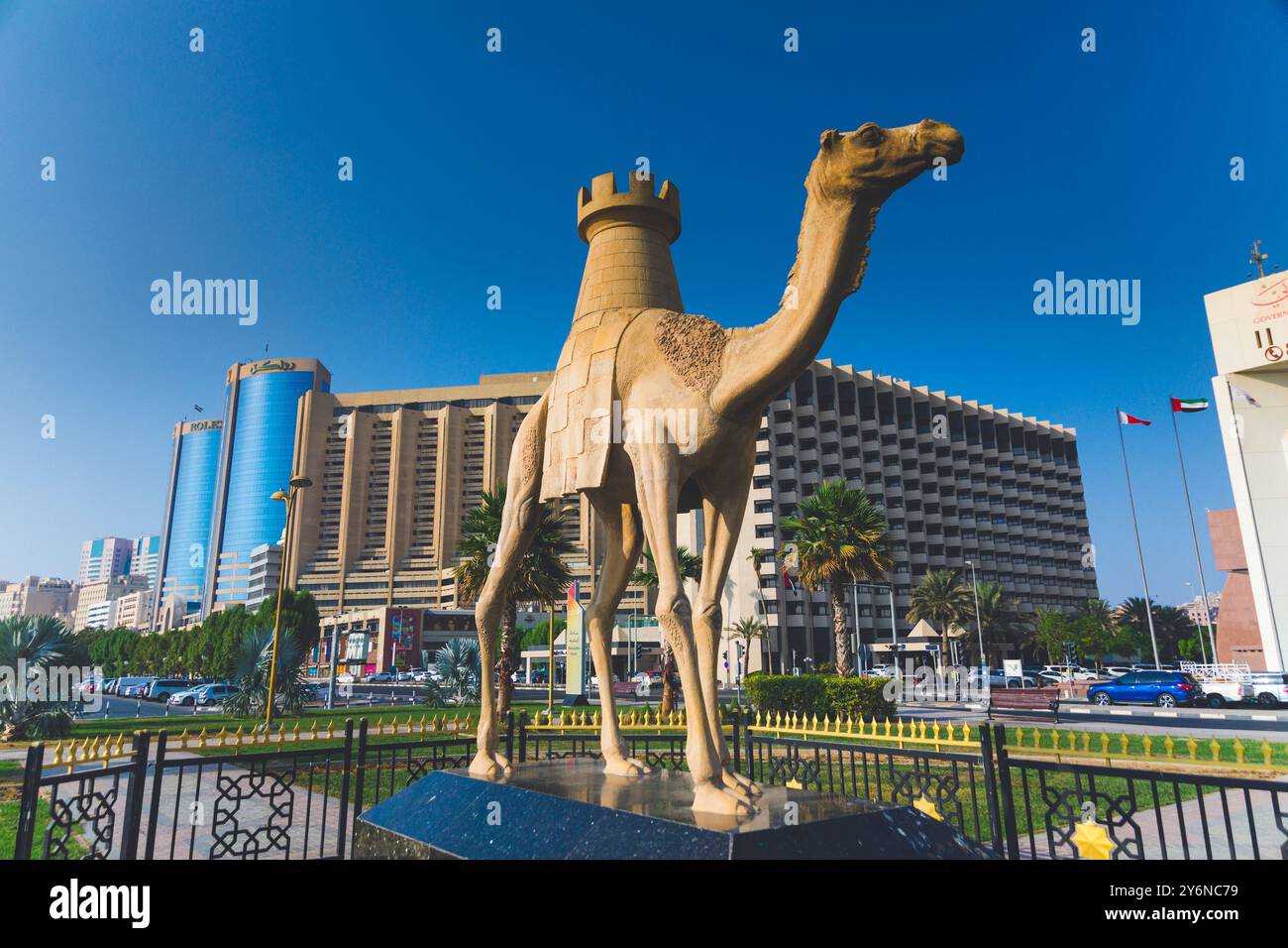 United Arab Emirates, Dubai, Deira district. Dromedary statue in front ...