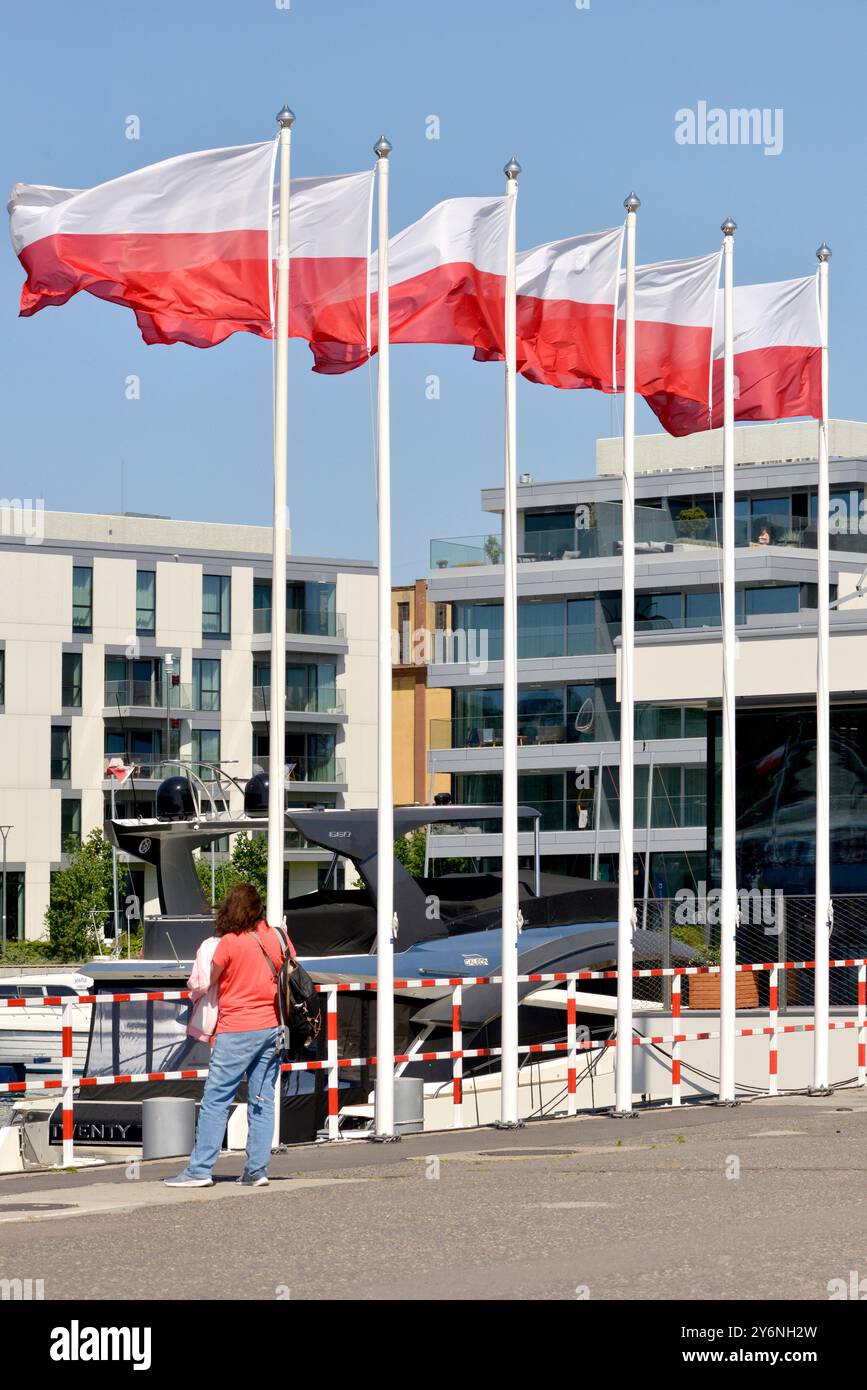 Poland National flags waiving at the Gdynia Marina and Port in Gdynia ...