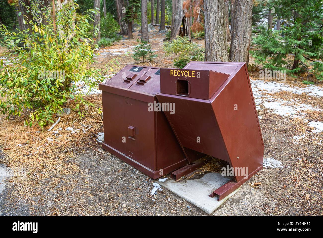 Steel trash cans and a recycling bin along a forest path in a park in ...