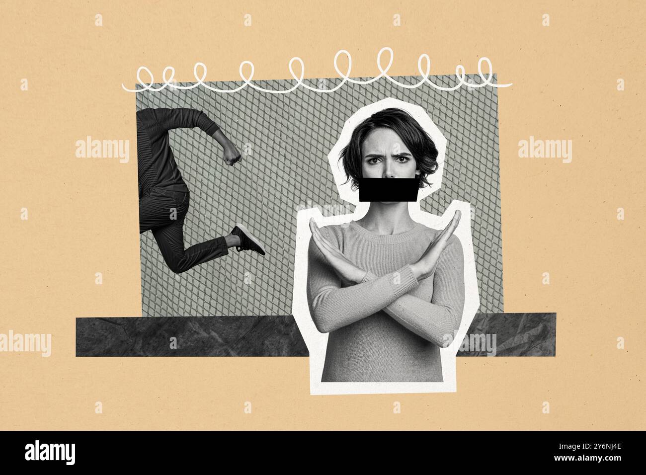 Composite photo collage of strict woman taped mouth show restriction ...