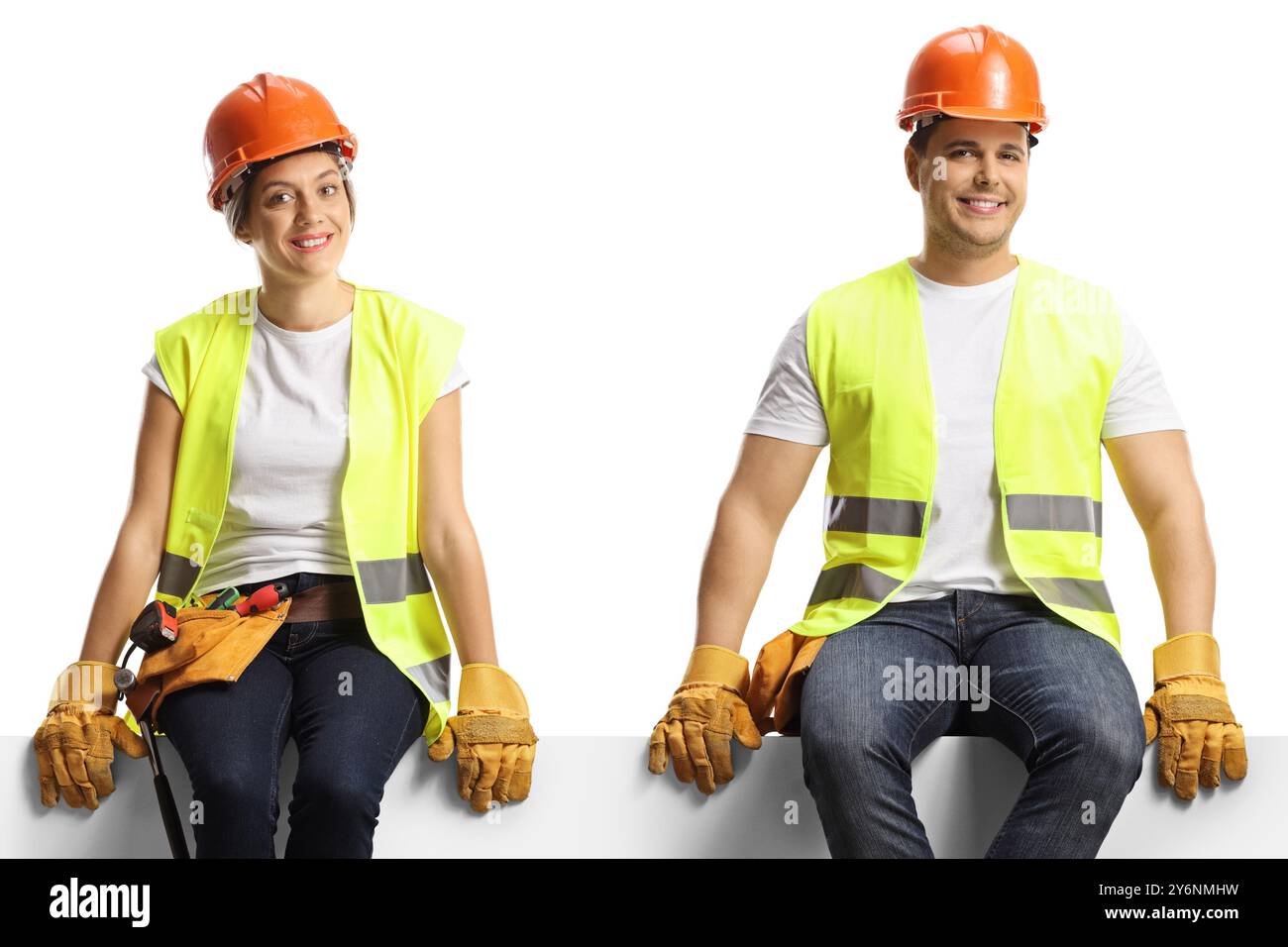 Male and female construction workers sitting on a panel isolated on white background Stock Photo ...