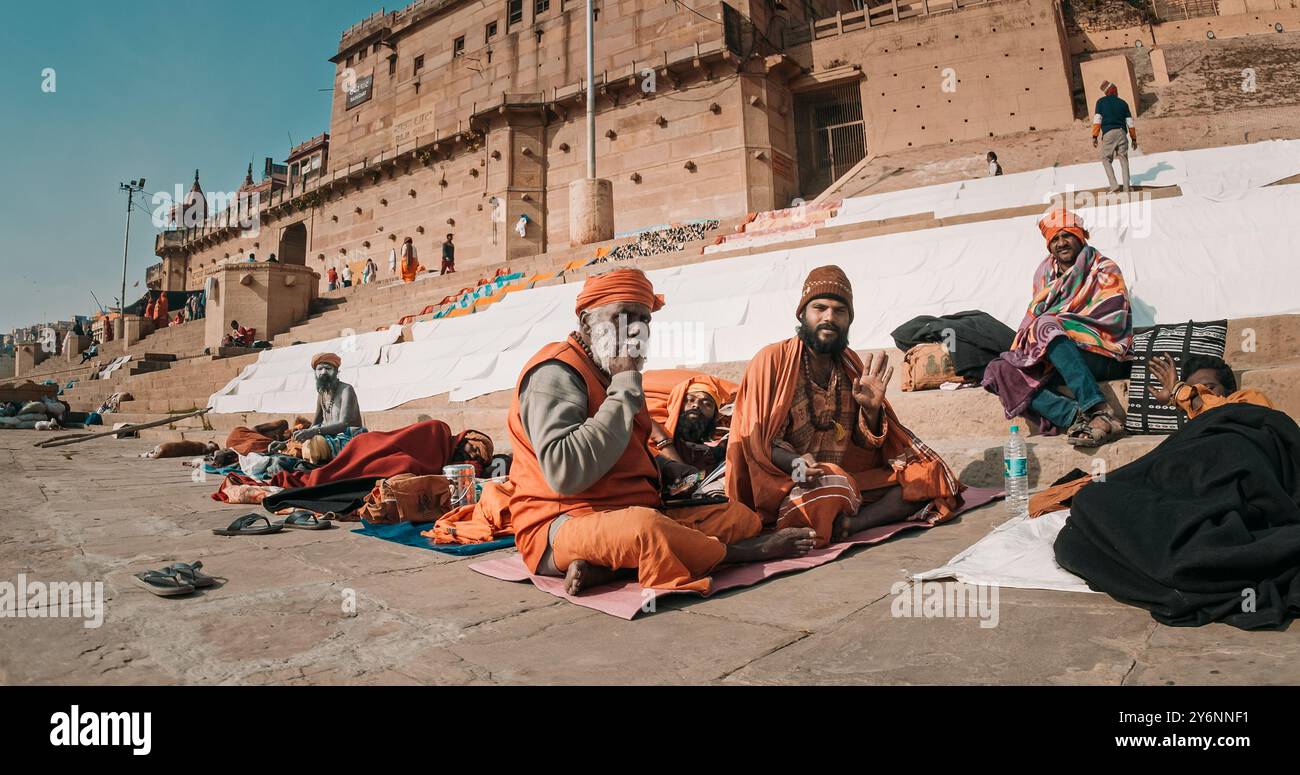 Varanasi, Uttar Pradesh, India. Group of Sadhus - indian holymen ...