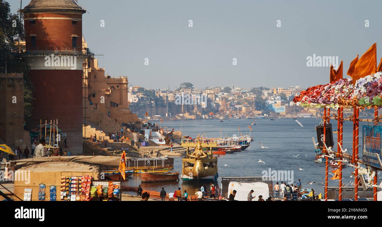 Varanasi, India. View On Ganga Mahal Ghat. Boats Moored On Ganga River ...