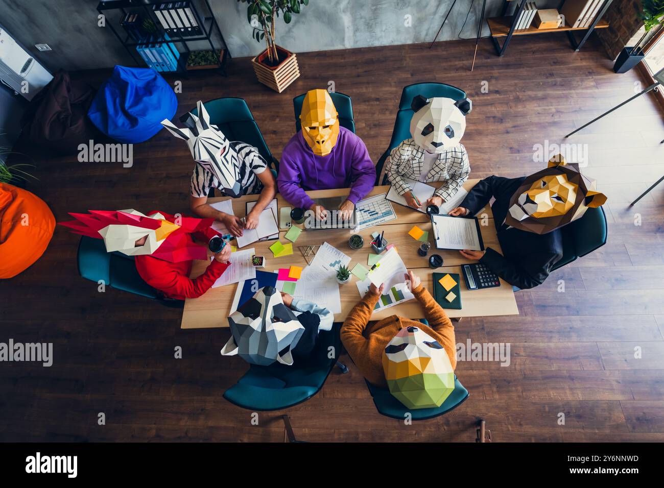 High angle view photo of rooster gorilla lion sloth zebra raccoon mask ...