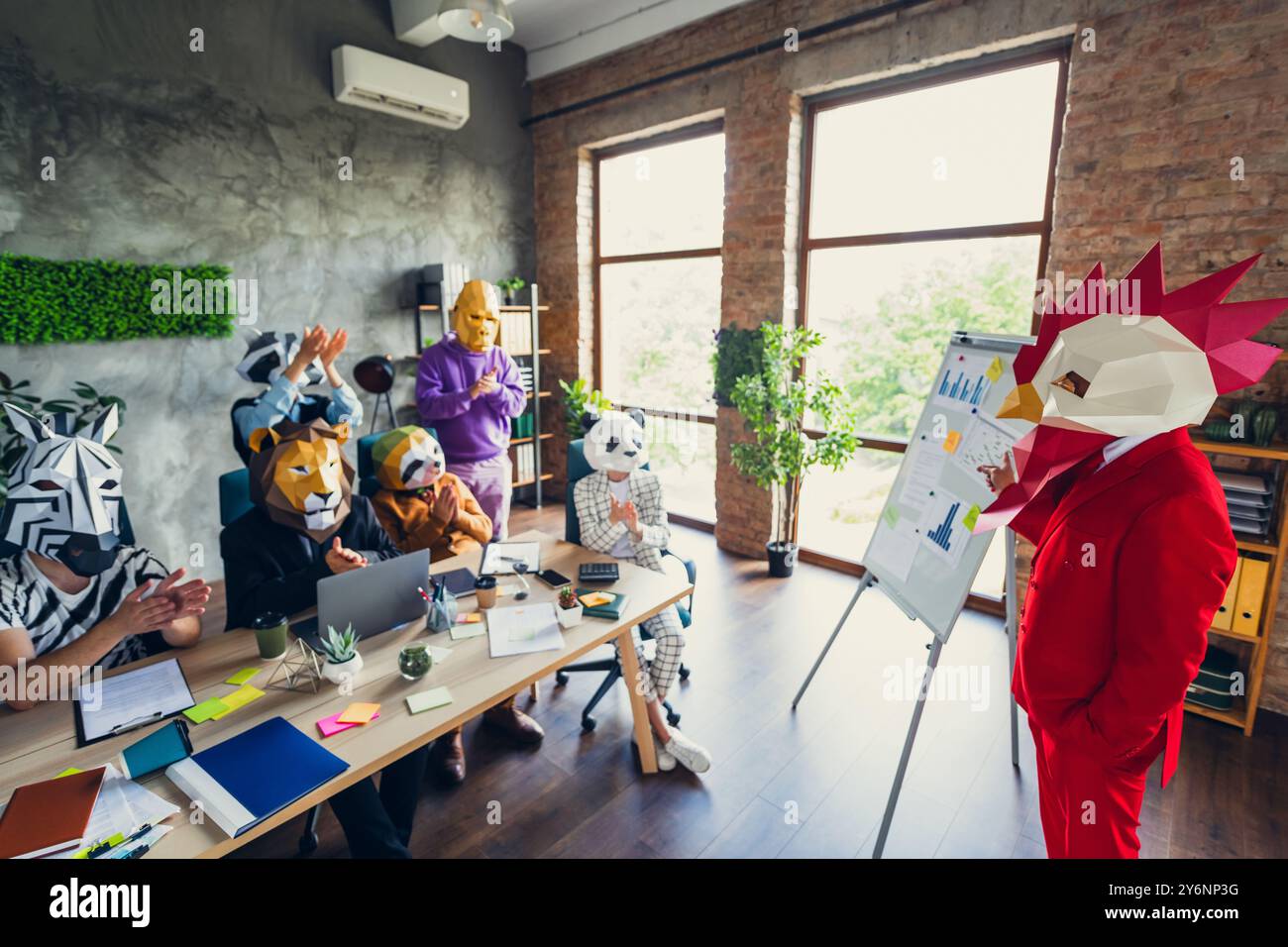 Photo of panda gorilla lion sloth zebra raccoon mask business people ...