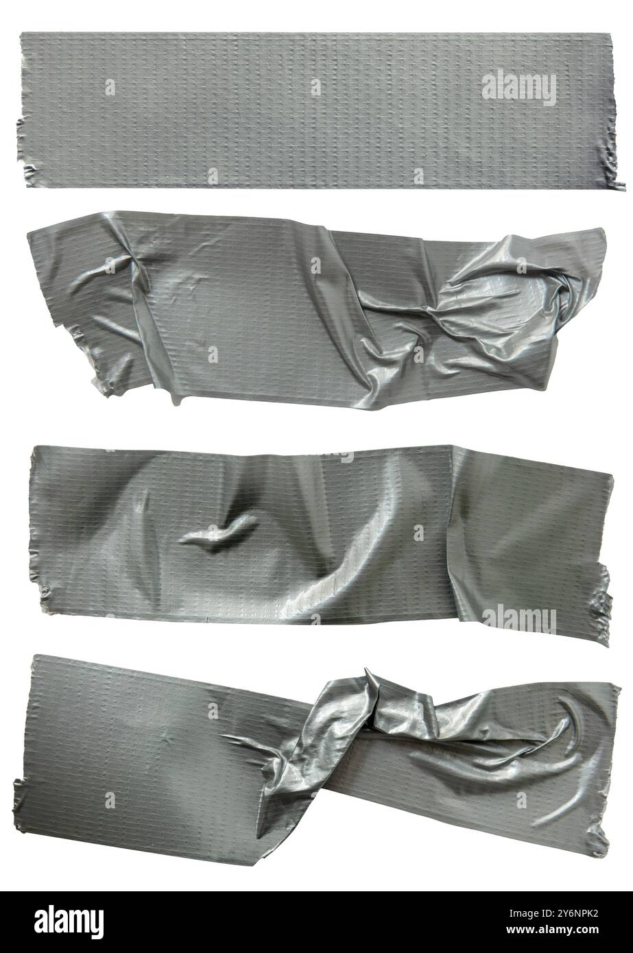 Set of straight torn and wrinkled silver grey repair duct tape pieces ...