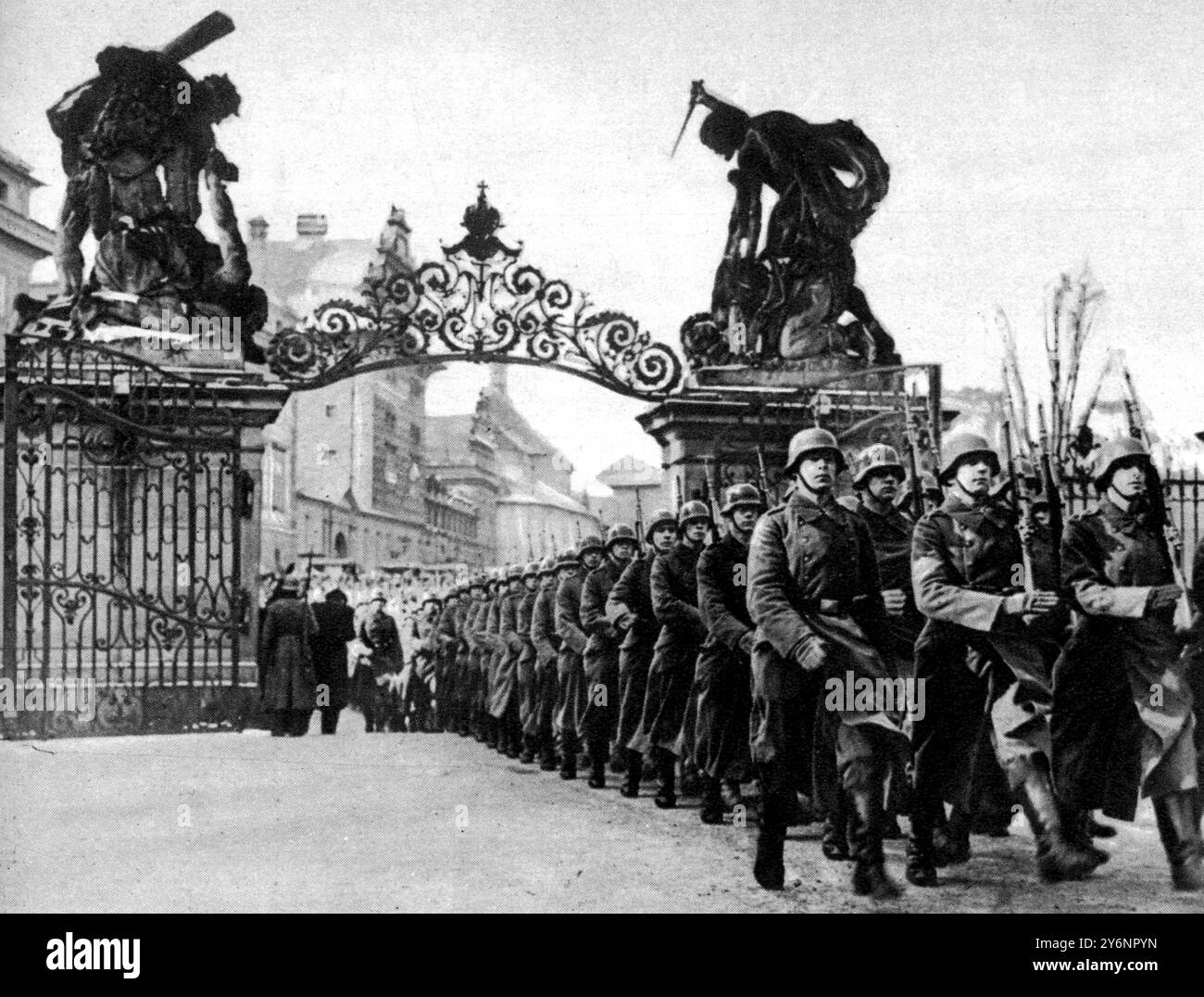 The occupation of Prague: German infantry marching into the grounds of ...