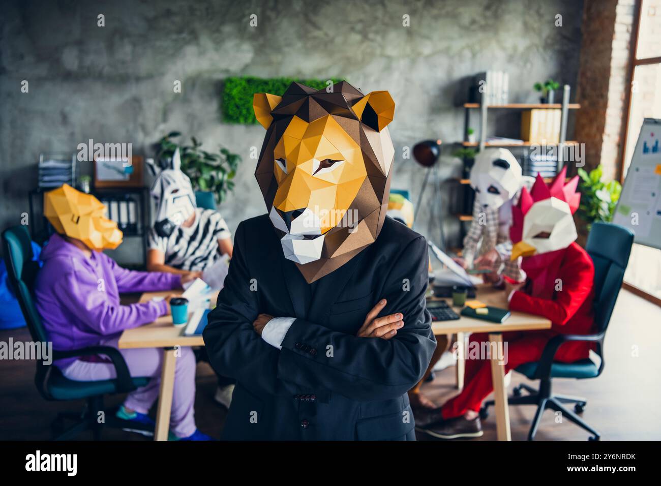 Photo of panda rooster gorilla sloth zebra raccoon mask business people ...