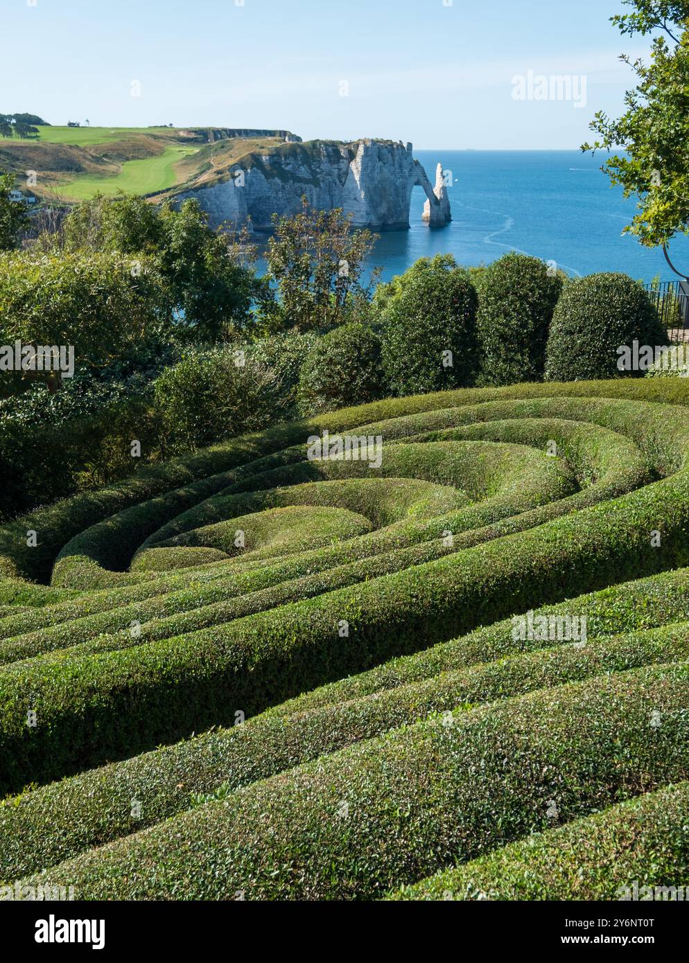 The gardens of Etratat, Normandy France, with manicured topiary hedges ...