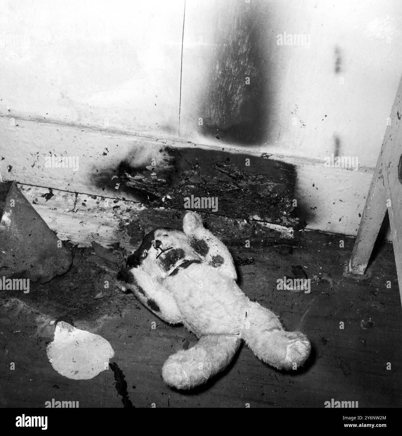 A forlorn and partly burnt teddy bear belongong to four year old Steven ...